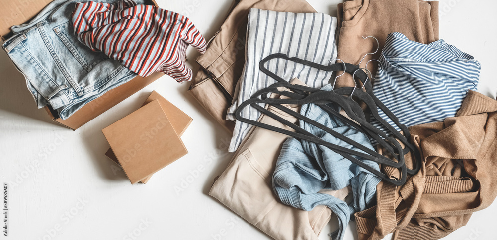 Second hand clothes, used wardrobe. Circular fashion, fast fashion, eco ...