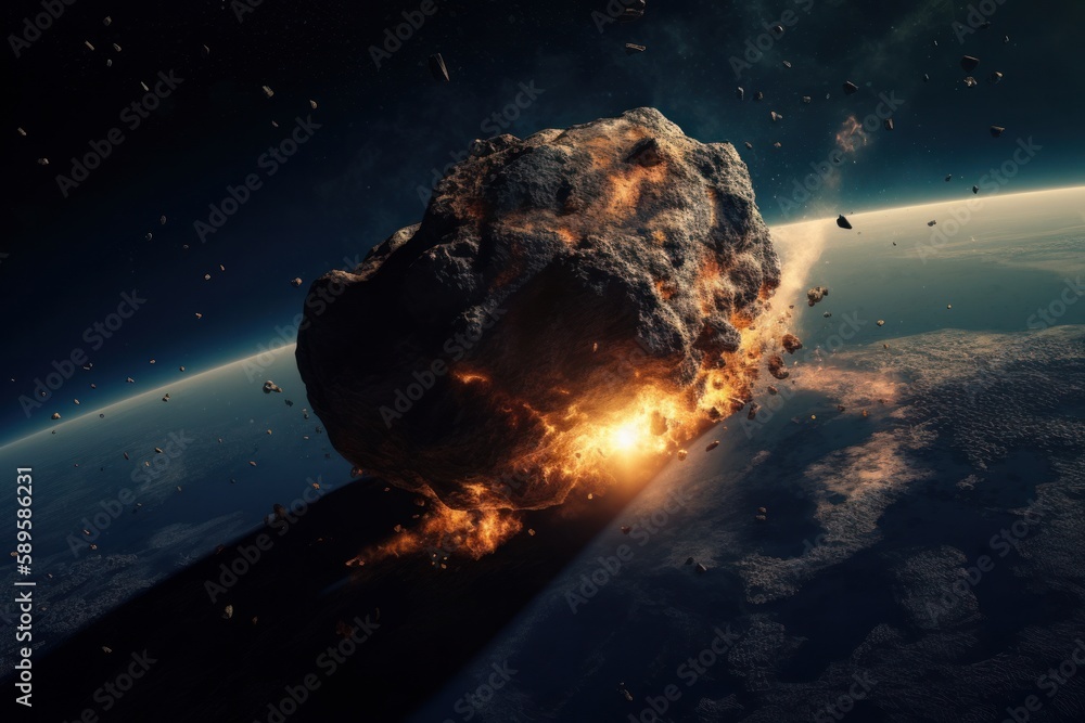 An asteroid hitting the earth, falling from the sky, causing a huge impact, in the style of ...