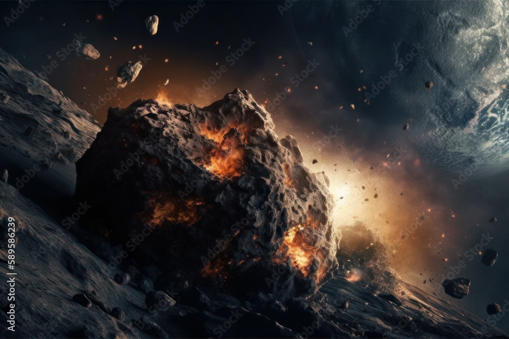 Fractal 3d rendering of an asteroid in space. space blast scene, in the ...
