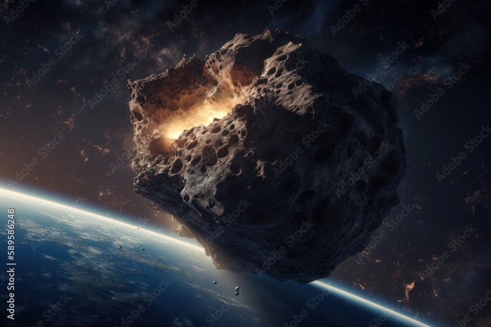 An asteroid hitting the earth, falling from the sky, causing a huge ...