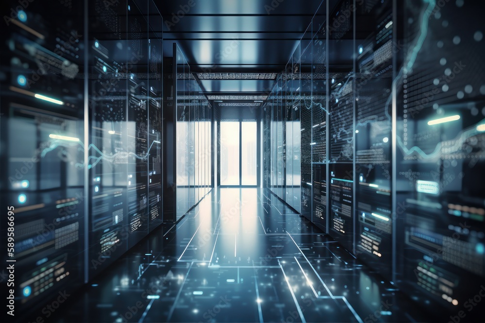 Cloud server room with data storage datacenter space in the corridor ...