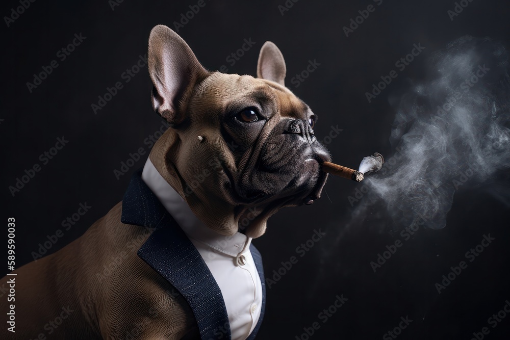 French bulldog in a suit smoking a cigar on a black background ...
