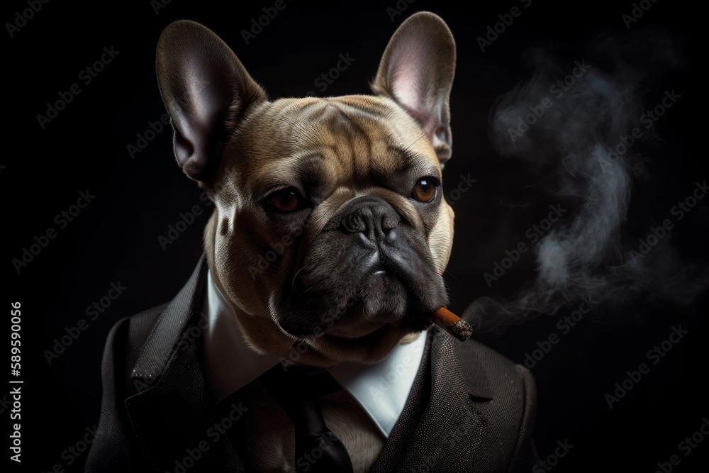 Portrait of a French bulldog in a suit smoking a cigar on black ...