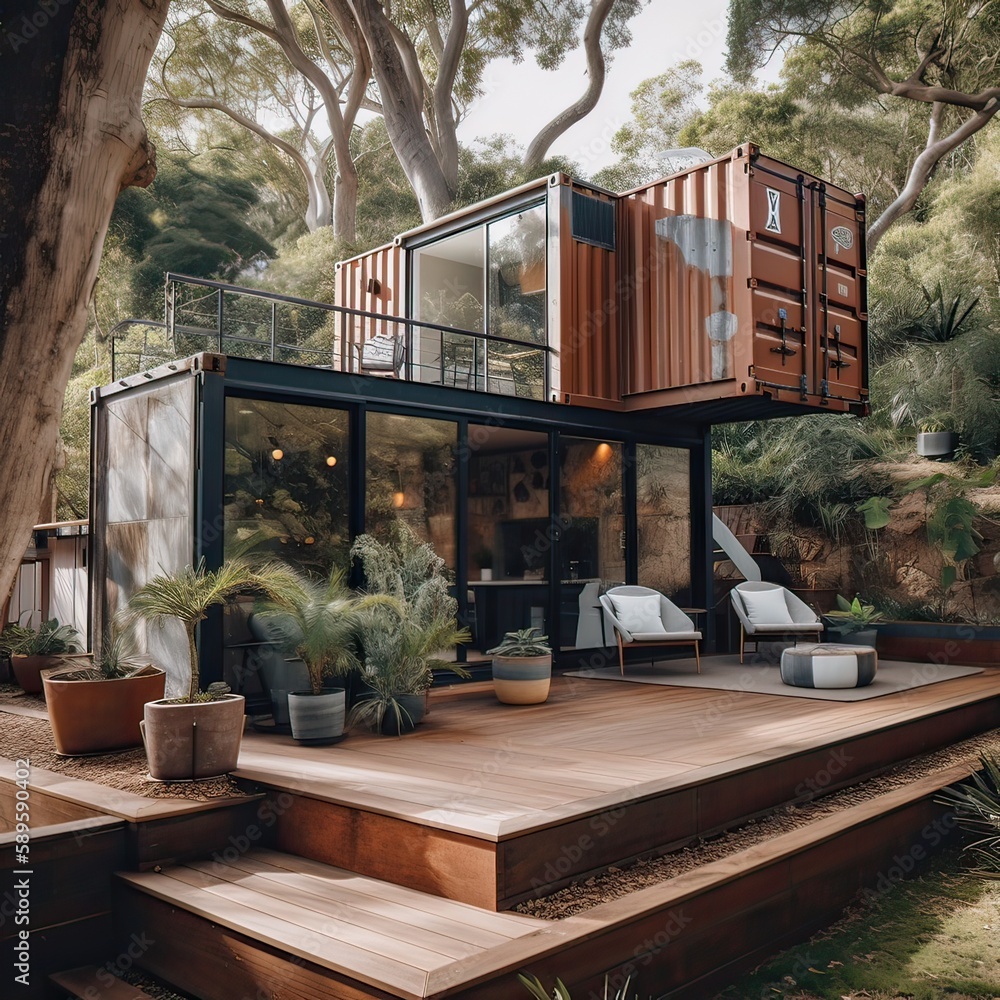 Modern metal building made from shipping containers and in forest and ...