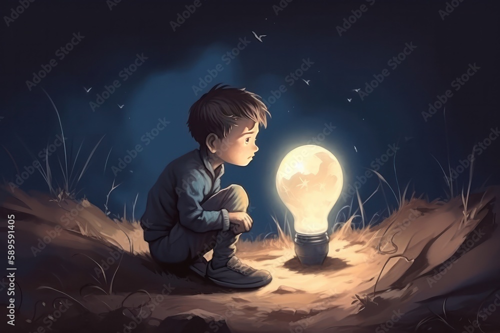 Little boy sitting on the ground and looking at a glowing light bulb ...