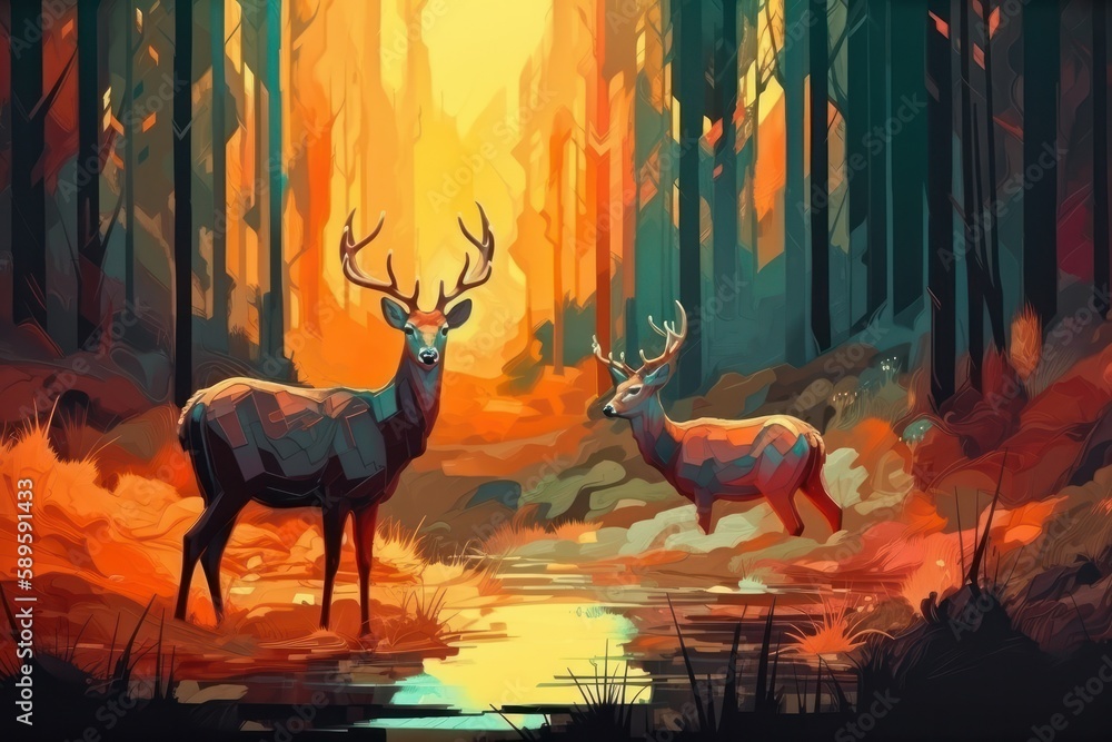 Deer art painting in a colourful forest, in the style of spatial ...