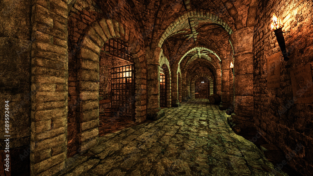 Old medieval castle dungeon tunnel with a row of prison cells, lit by ...