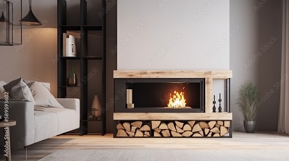 Luxury fireplace with fire and wood in the modern living room ...