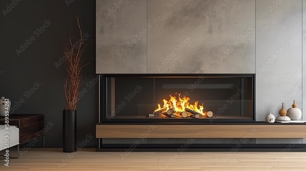 Luxury fireplace with fire and wood in the modern living room ...