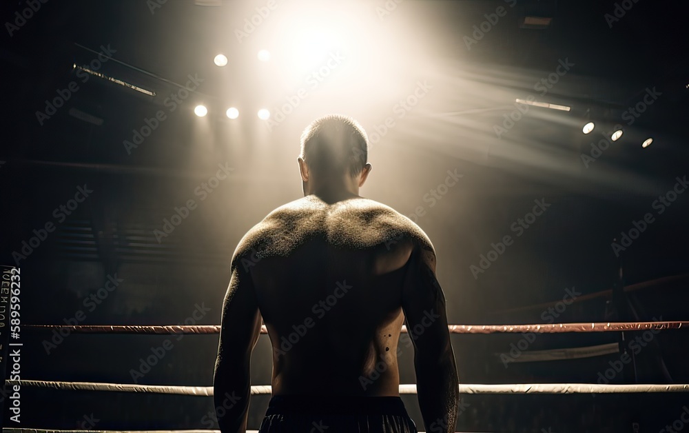 Boxing champion standing on arena. Rear view of shirtless man in boxing ...