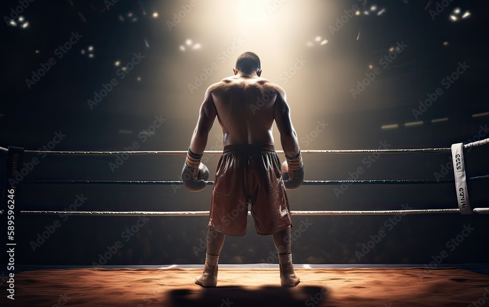 Boxing champion standing on arena. Rear view of shirtless man in boxing ...