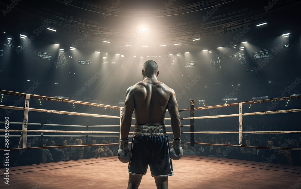 Boxing champion standing on arena. Rear view of shirtless man in boxing ...