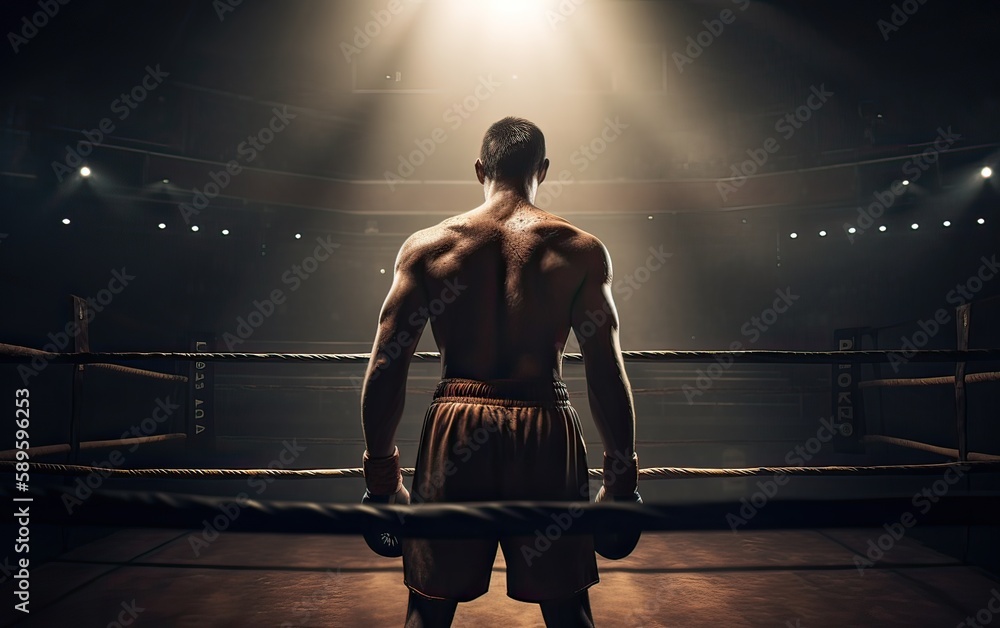 Boxing champion standing on arena. Rear view of shirtless man in boxing ...