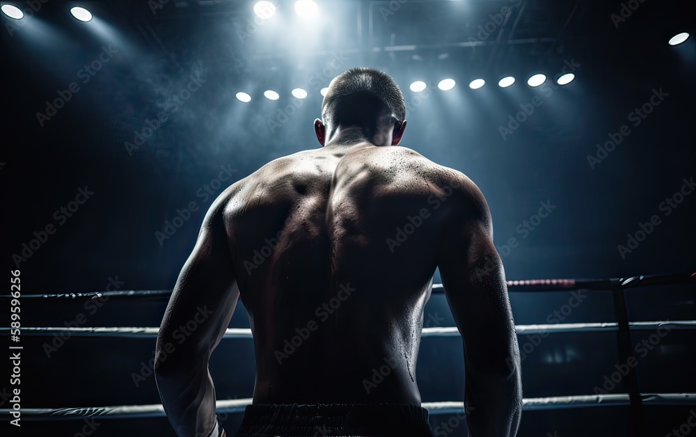 Boxing champion standing on arena. Rear view of shirtless man in boxing ...