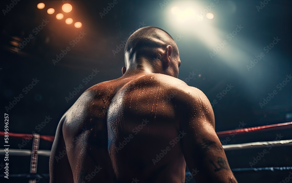 Boxing champion standing on arena. Rear view of shirtless man in boxing ...