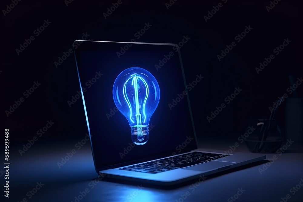 Light bulb and laptop illustration, blue neon lights, creativity and ...
