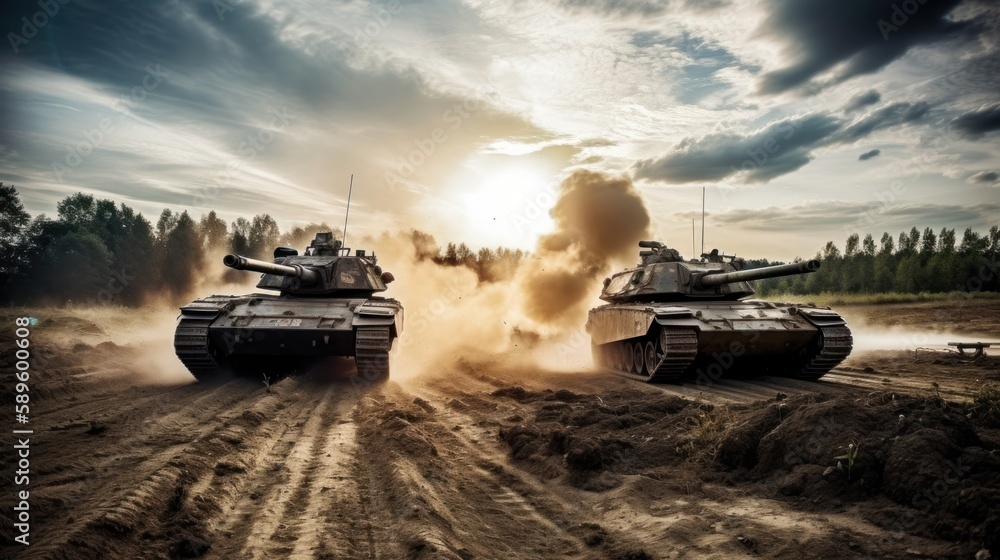 Two battle tanks drive along a dusty road during the war. Generative AI ...