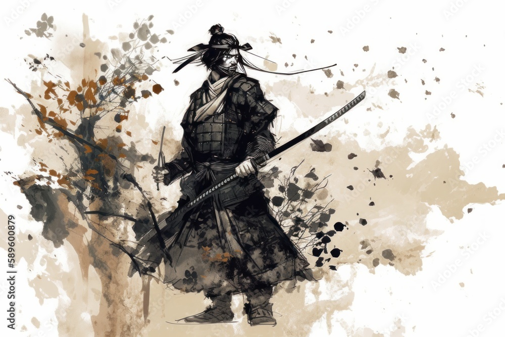 Japanese samurai with katana sword in digital watercolour illustration ...