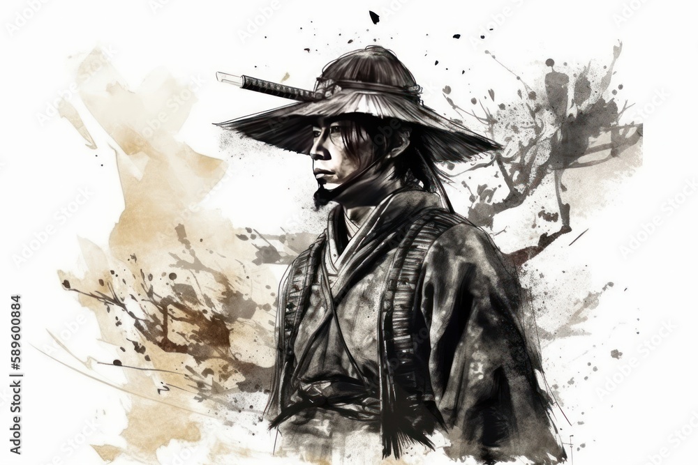 Japanese samurai with katana sword in digital watercolour illustration ...