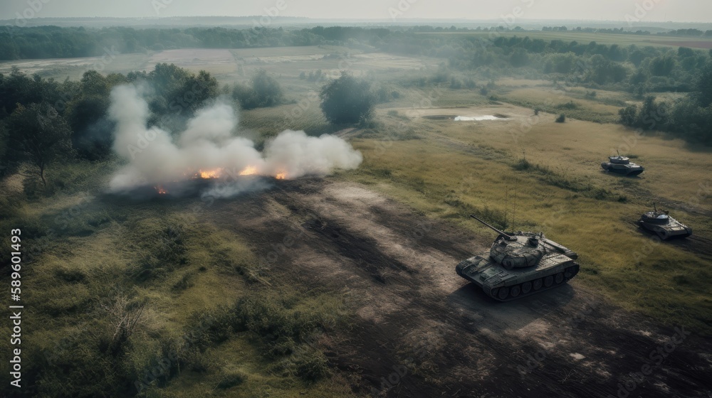 Tanks on a rough terrain battlefield, top view, wide angle lens ...
