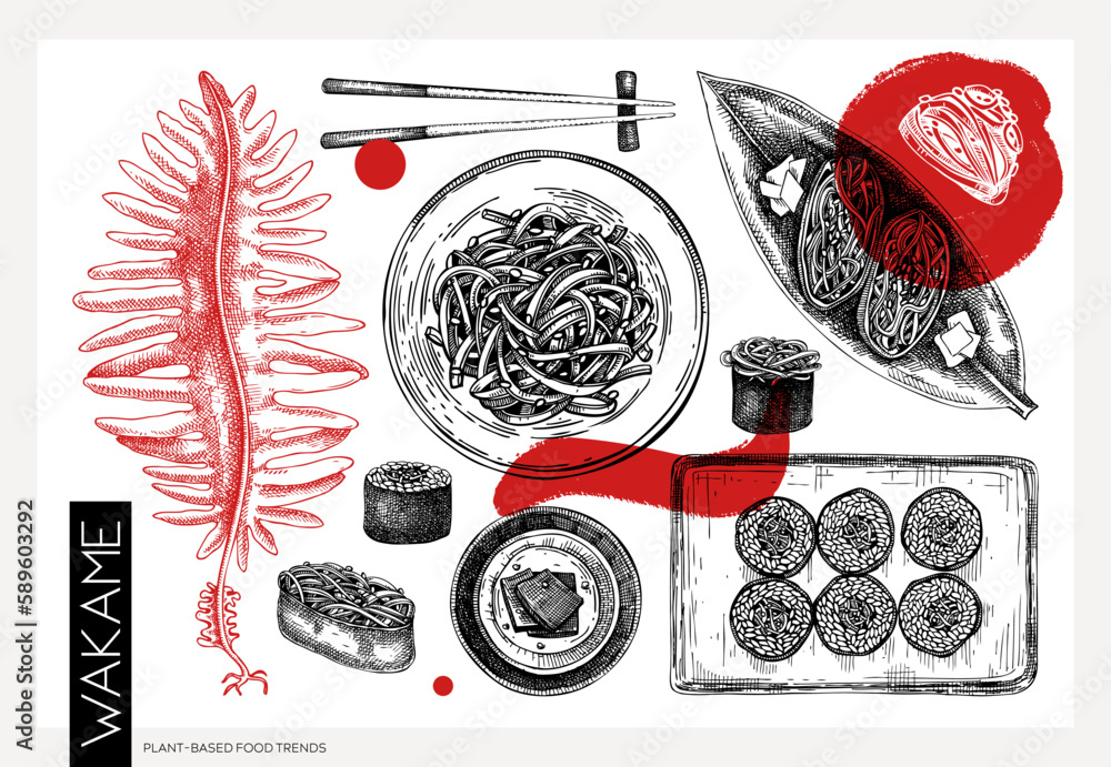 Hand drawn wakame sketches set. Edible seaweed drawing in collage style ... Hand drawn wakame sketches set. Edible seaweed drawing in collage style ...
