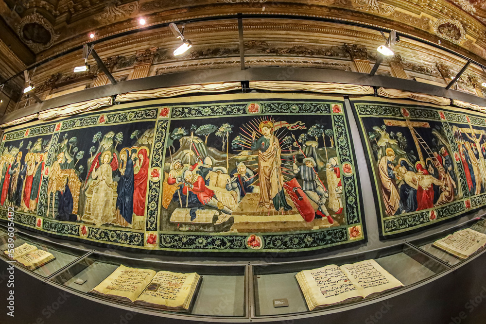 Medieval carpets and books in the museum inside the St Mark's Basilica ...