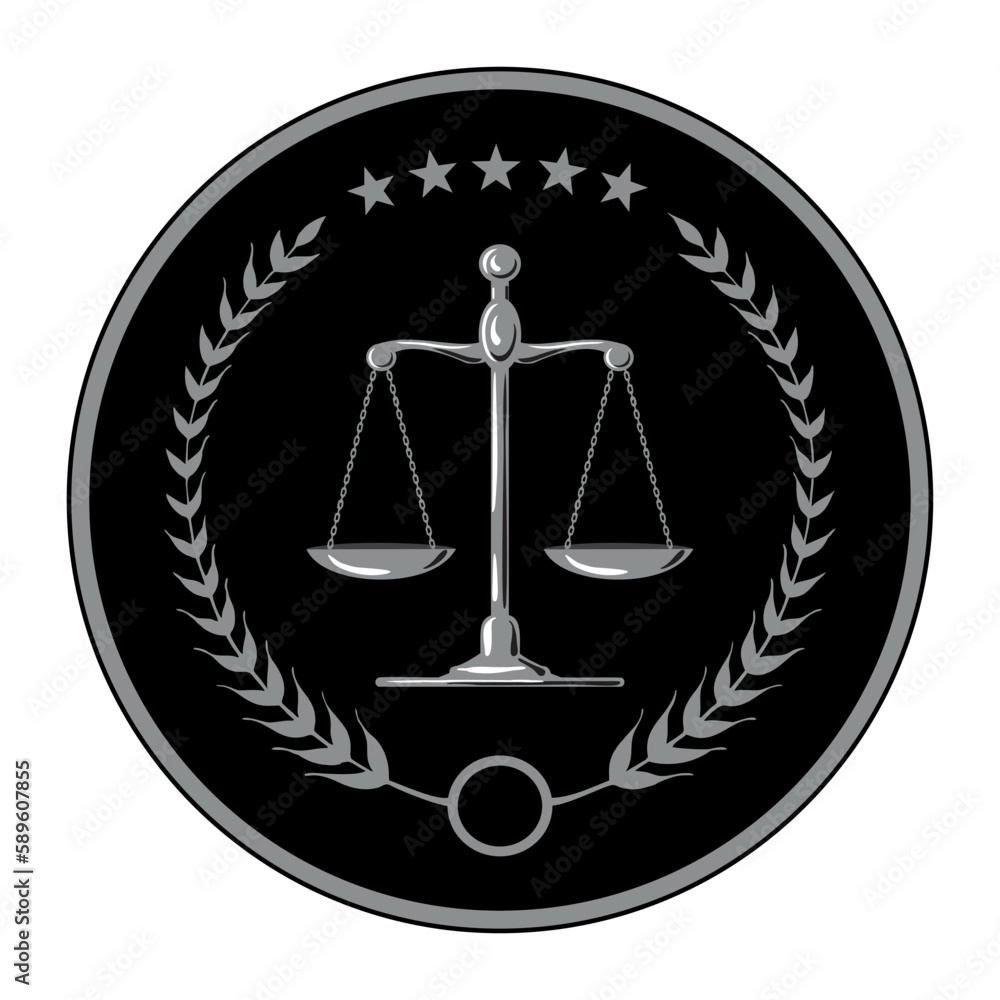 Luxury silver logo. Court, justice, scales, laurel wreath. Judicial ...