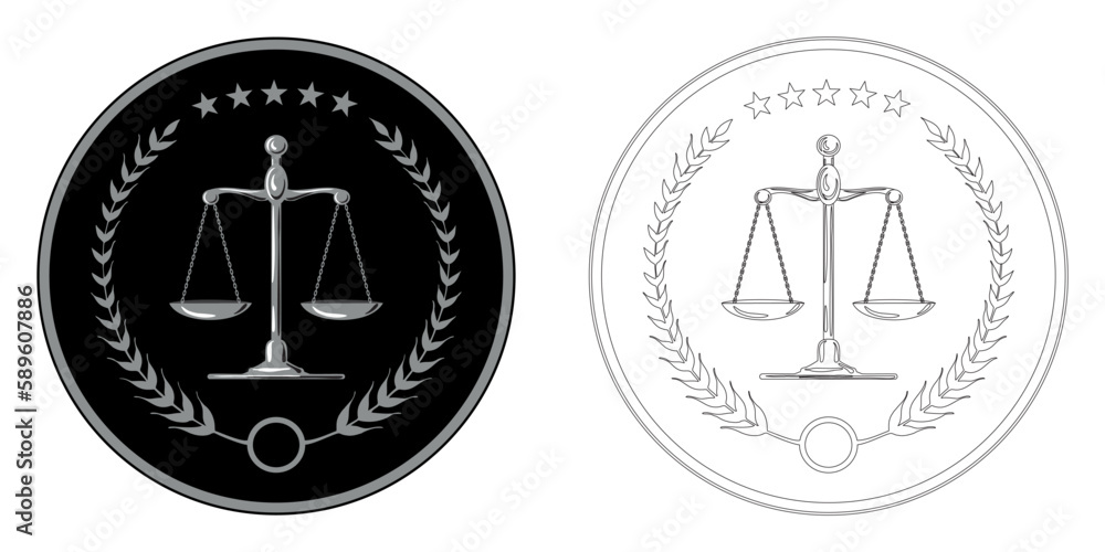 Luxury silver logo. Court, justice, scales, laurel wreath. Judicial ...