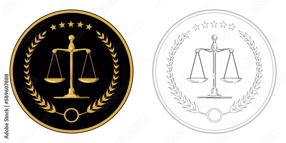 Luxury gold logo. Court, justice, scales, laurel wreath. Judicial icon ...