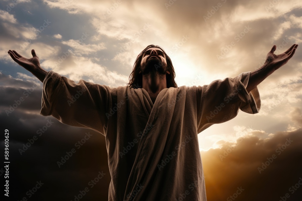 Resurrected Jesus Christ reaching out with open arms. Generative AI ...