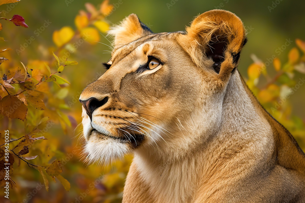 Beautiful lioness in the wild. Lioness in the meadow. Wild african ...