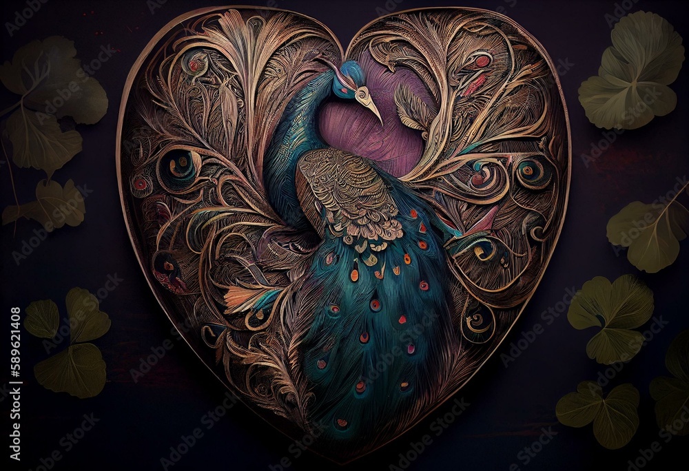 heart shaped painting with a peacock on it with mucha and art nouveau ...