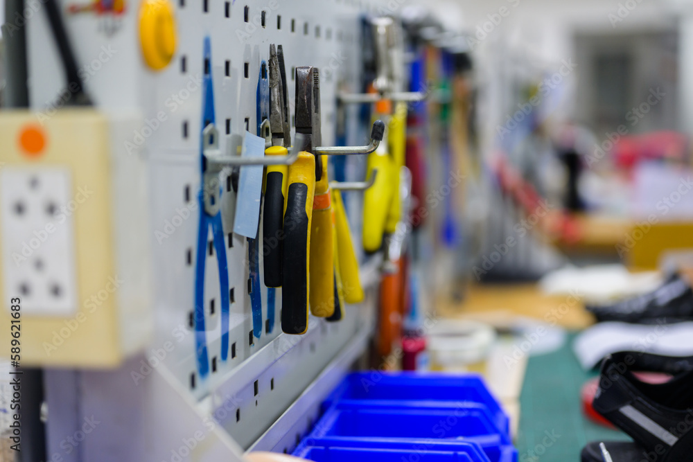 Parts of artificial leg and various tools in prosthetic workshop Stock ...