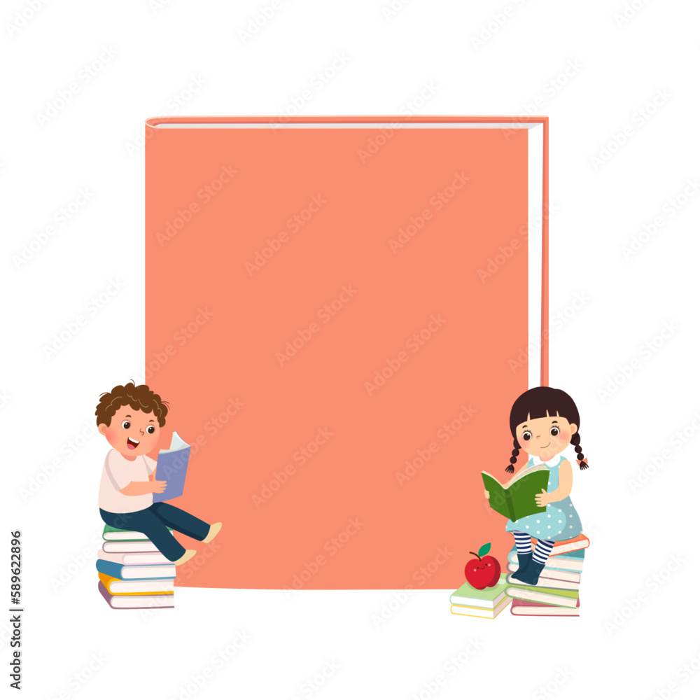 Vector cartoon boy and girl sitting on stack of books and reading books ...