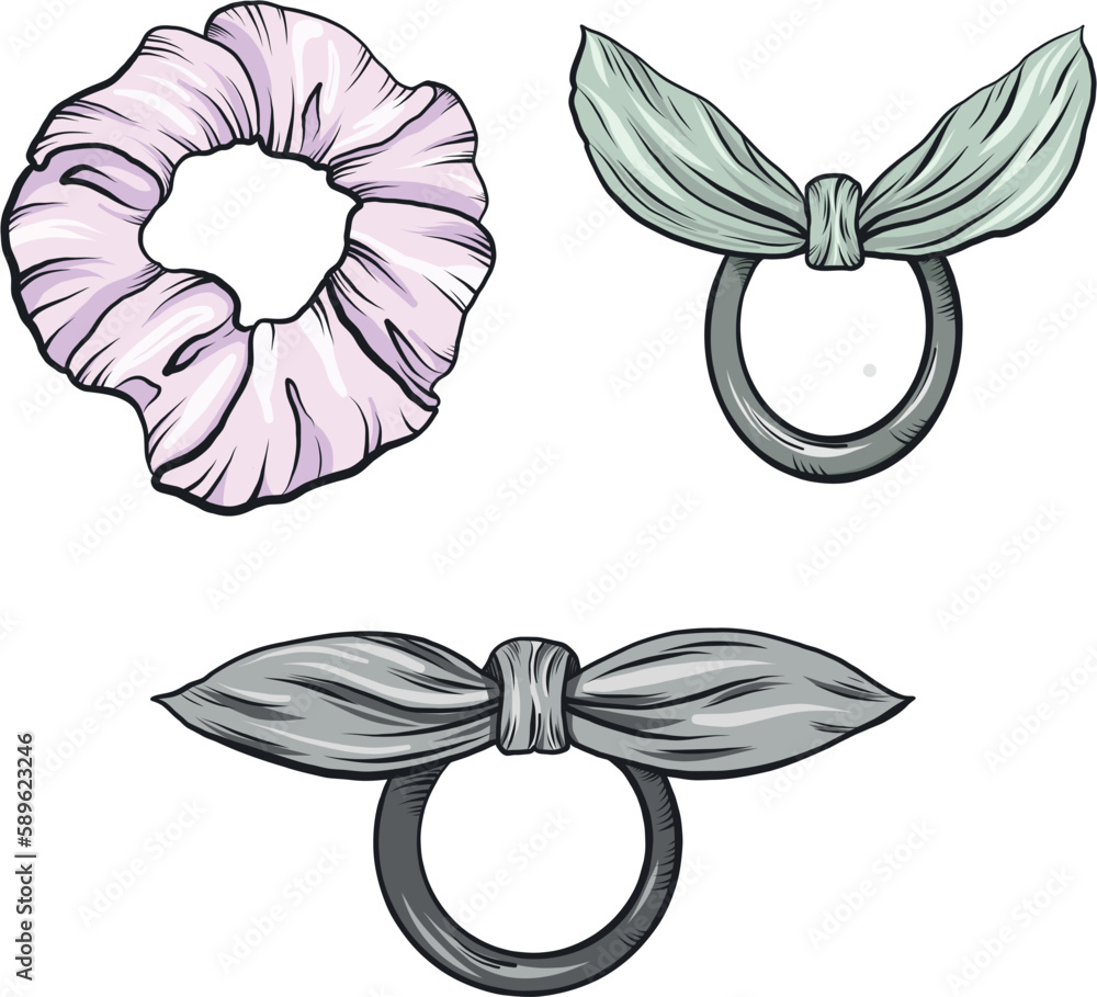 Elastic band for hair line art. Vector graphics accessories. Hair clips ...