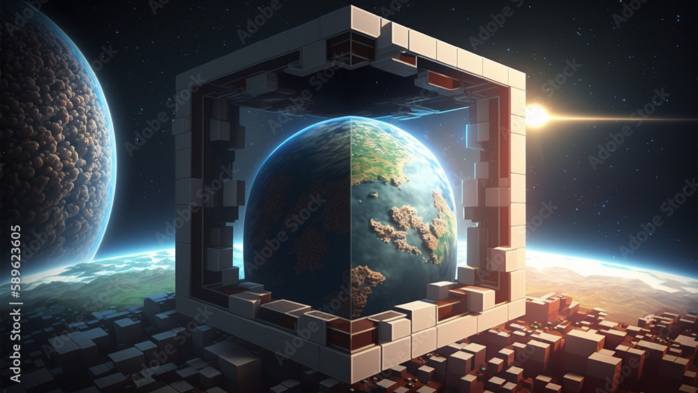 Generative AI - Cube spaceship and planet Earth in the Cube of blocks ...