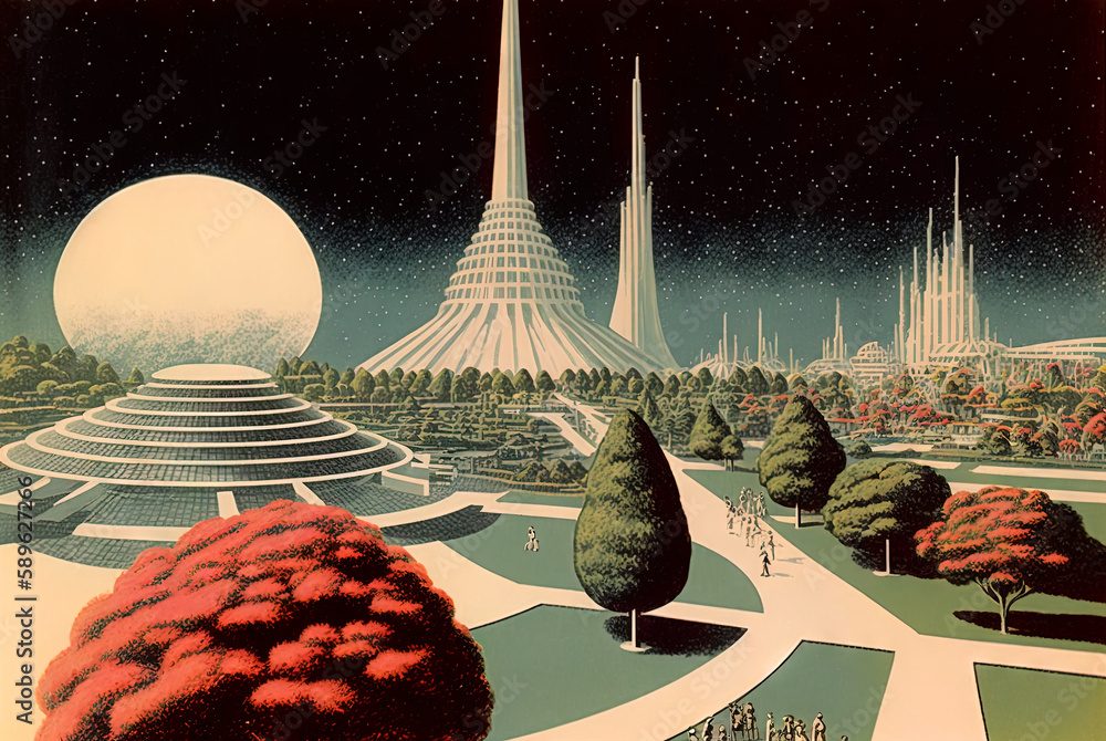 Retrofuturistic landscape in 80s sci-fi style. Retro science fiction ...