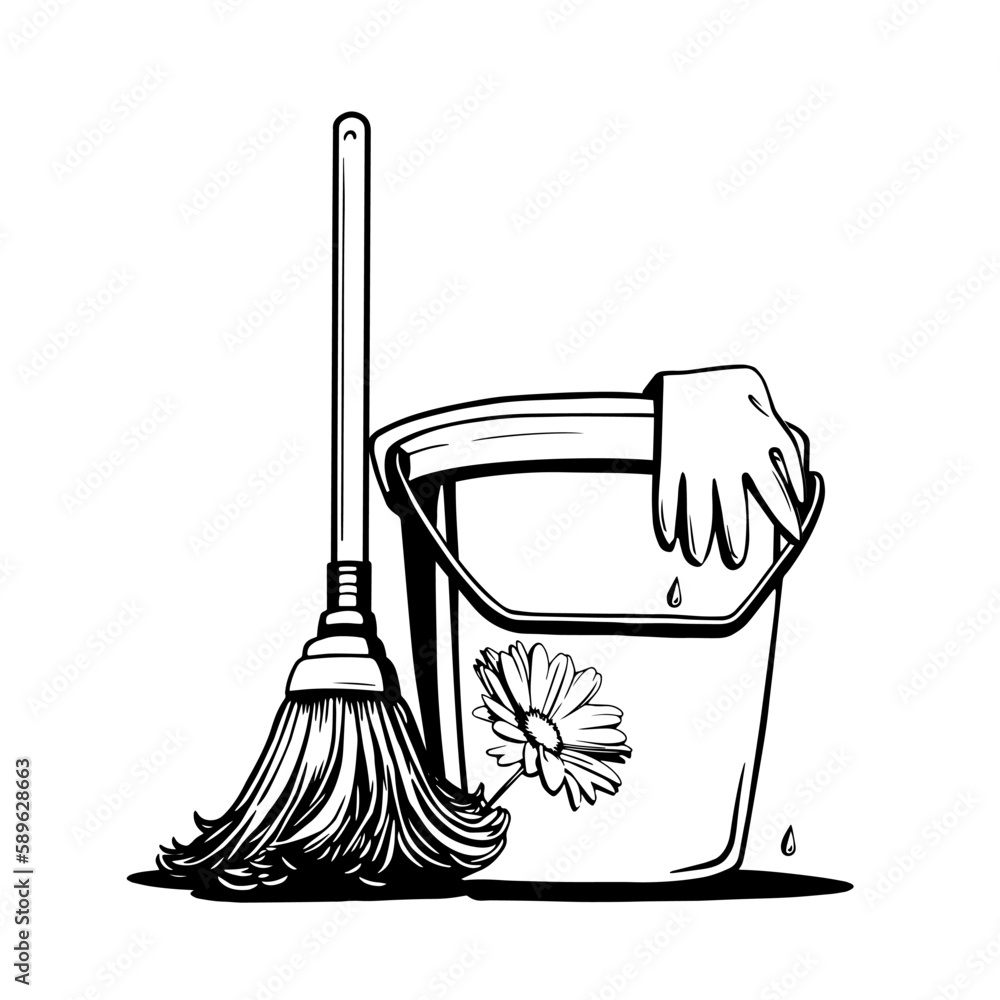 Bucket, mop and rubber gloves simple line art icon. Cleaning instrument ...