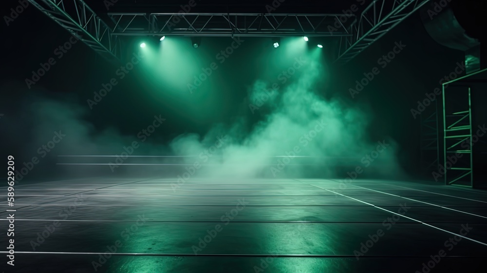 green smoke and spotlights shine on stage floor in dark room, idea for ...