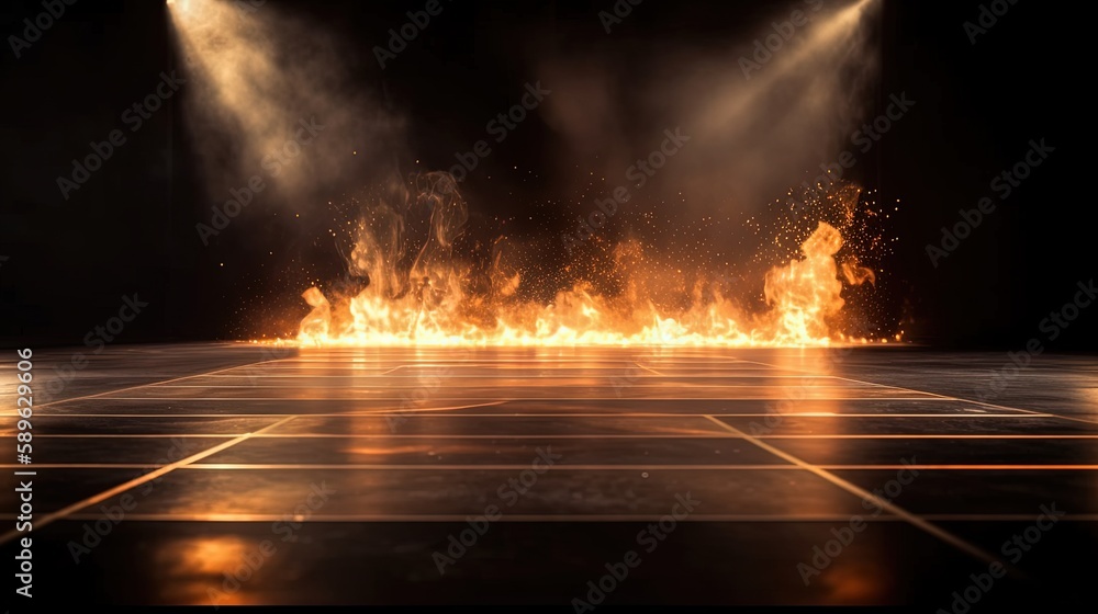 fire and smoke, spotlights shine on stage floor in dark room with ...