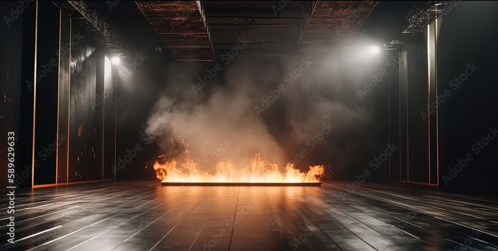 fire and smoke, spotlights shine on stage floor in dark room with ...