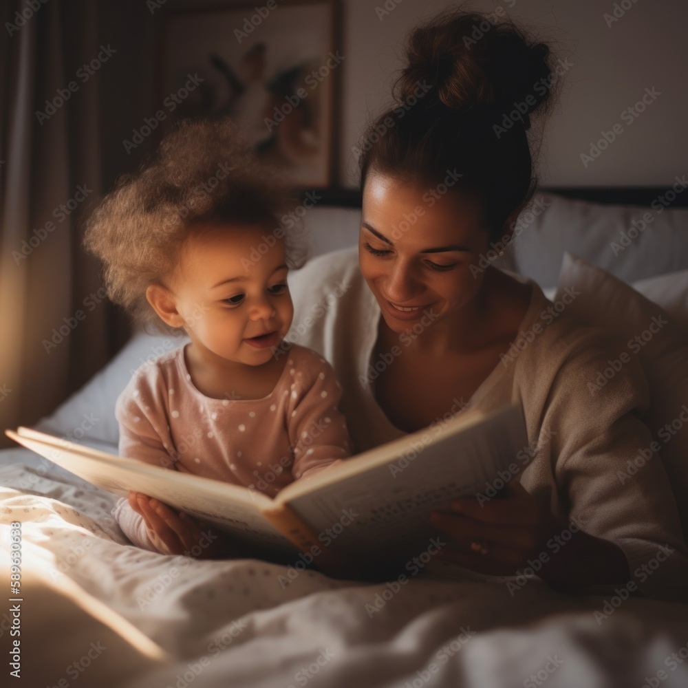 the love of a young Latina brazilian mom mother reading a fairy tale to ...