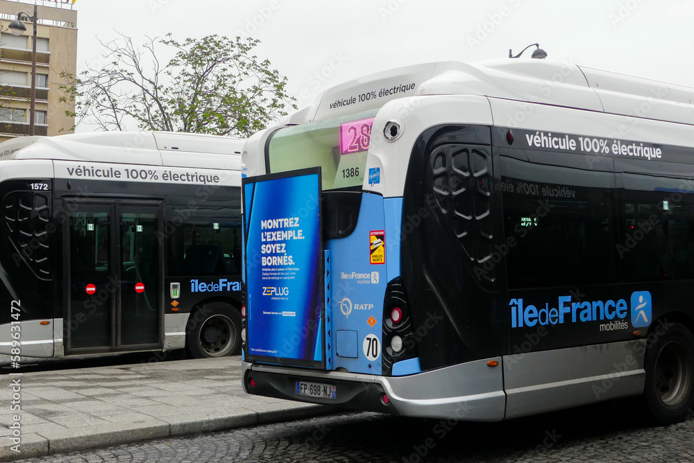 Paris, France. April 02. 2023. RATP public transport. Electric bus used ...