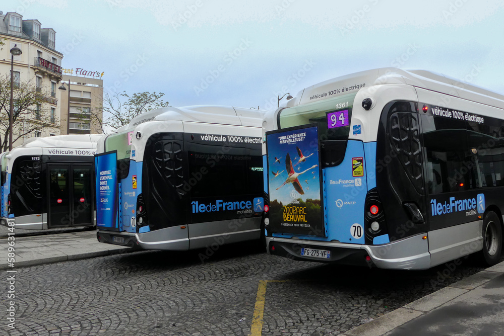 Paris, France. April 02. 2023. RATP public transport. Electric bus used ...