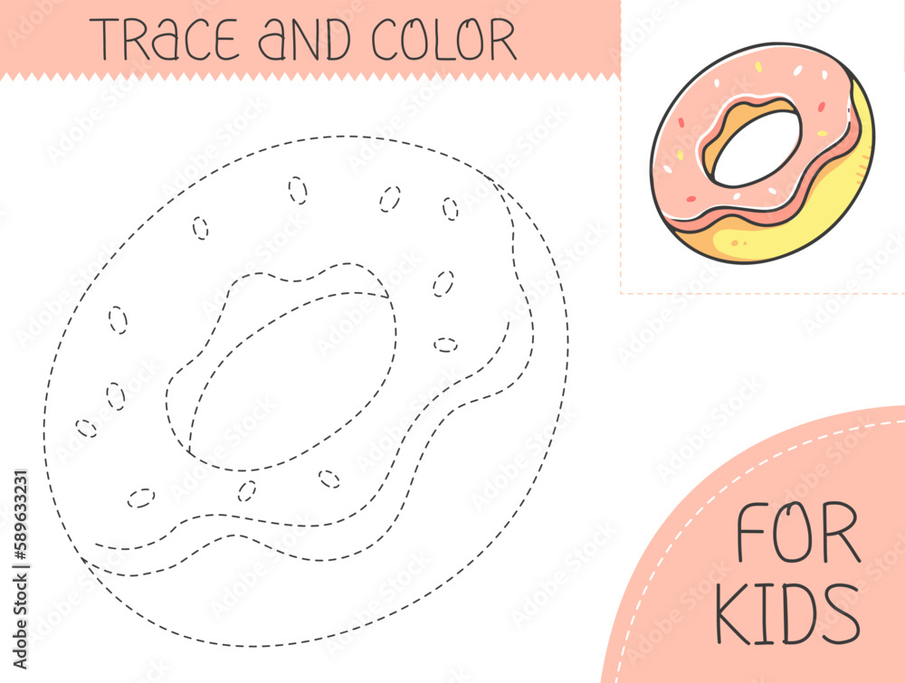 Trace and color coloring book with donut for kids. Coloring page with ...