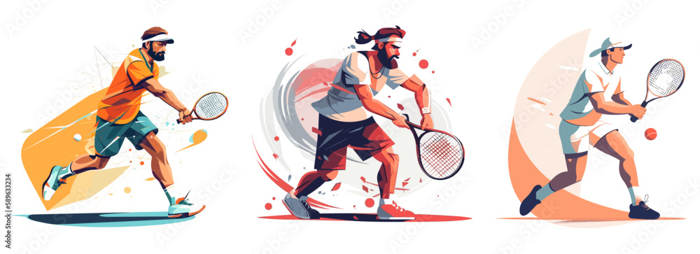 Set of tennis players in dynamic action, 2d flat color, vector ...