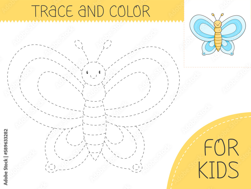 Trace and color coloring book with butterfly for kids. Coloring page ...