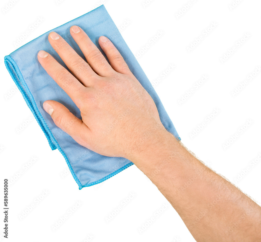 Hand and blue rag cleaning isolated on white Stock Photo | Adobe Stock