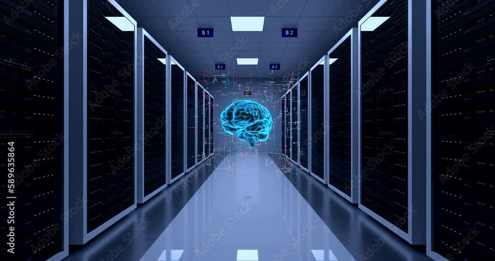 Network Server Racks In a Modern Data Center. AI Brain Analyzing ...