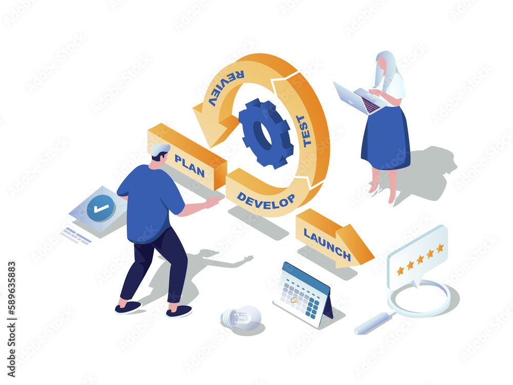 Agile development concept 3d isometric web scene. People working with ...